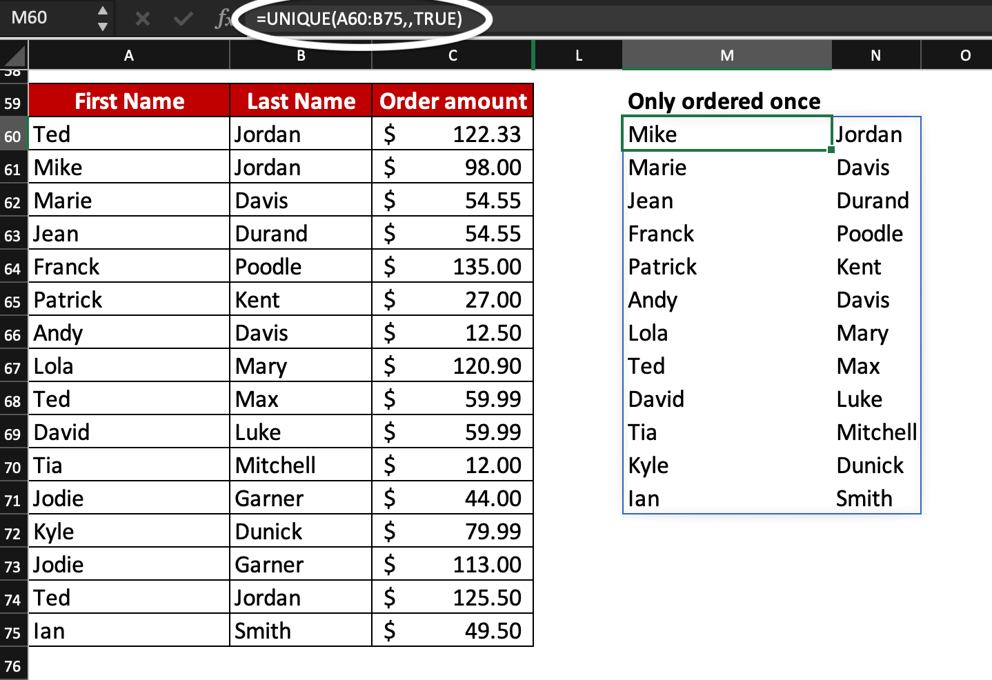 Return Unique Values in Excel